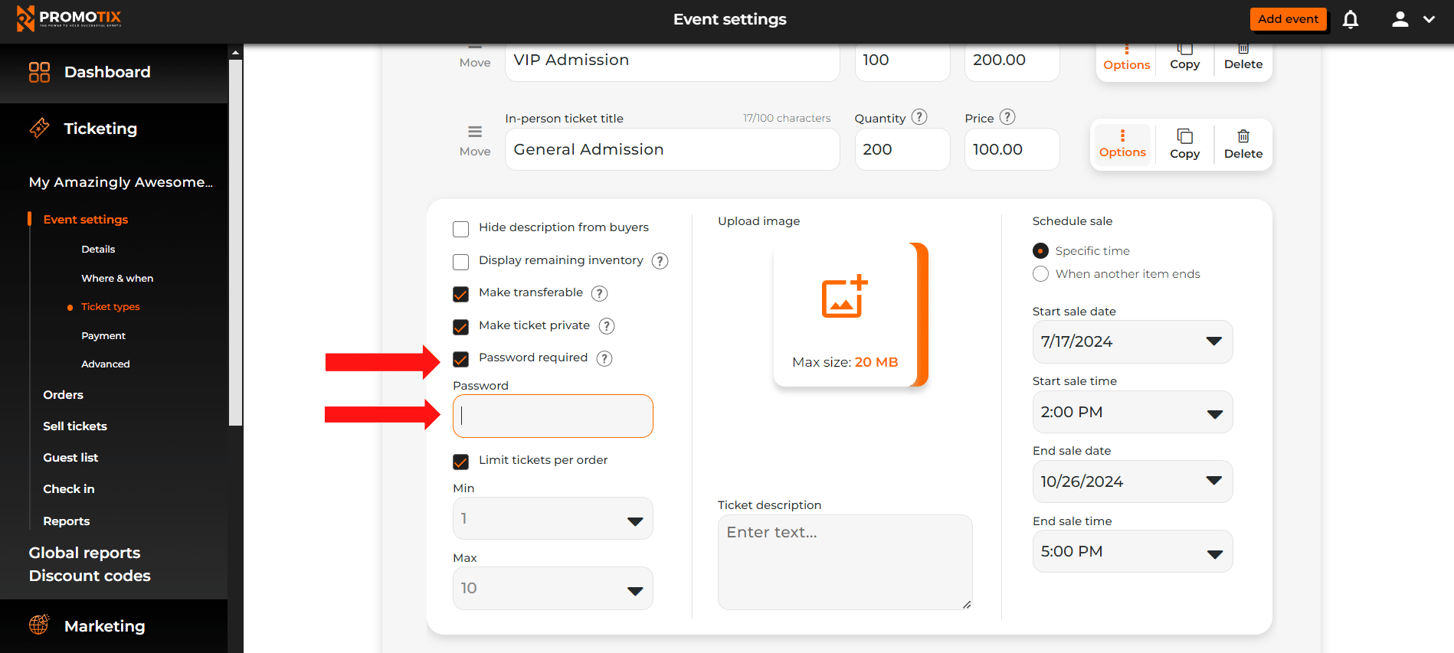 How to create password-protected ticket types